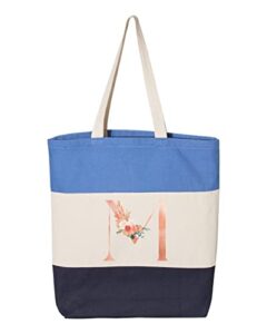 customized initial tote bag, personalized floral initial tote, bridesmaid gift, bachelorette party gift, wedding gift, birthday gift (15"l x 15"h x 3"d, tri-color blue)