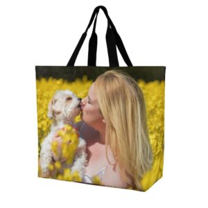 customized your pictures & text on your tote bag personalized photo logo reusable grocery shopping bag large capacity shoulder bag create your own bridesmaid beach bag custom wedding birthday gifts