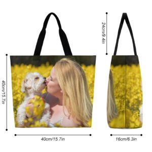 Customized Your Pictures & Text On Your Tote Bag Personalized Photo Logo Reusable Grocery Shopping Bag Large Capacity Shoulder Bag Create Your Own Bridesmaid Beach Bag Custom Wedding Birthday Gifts