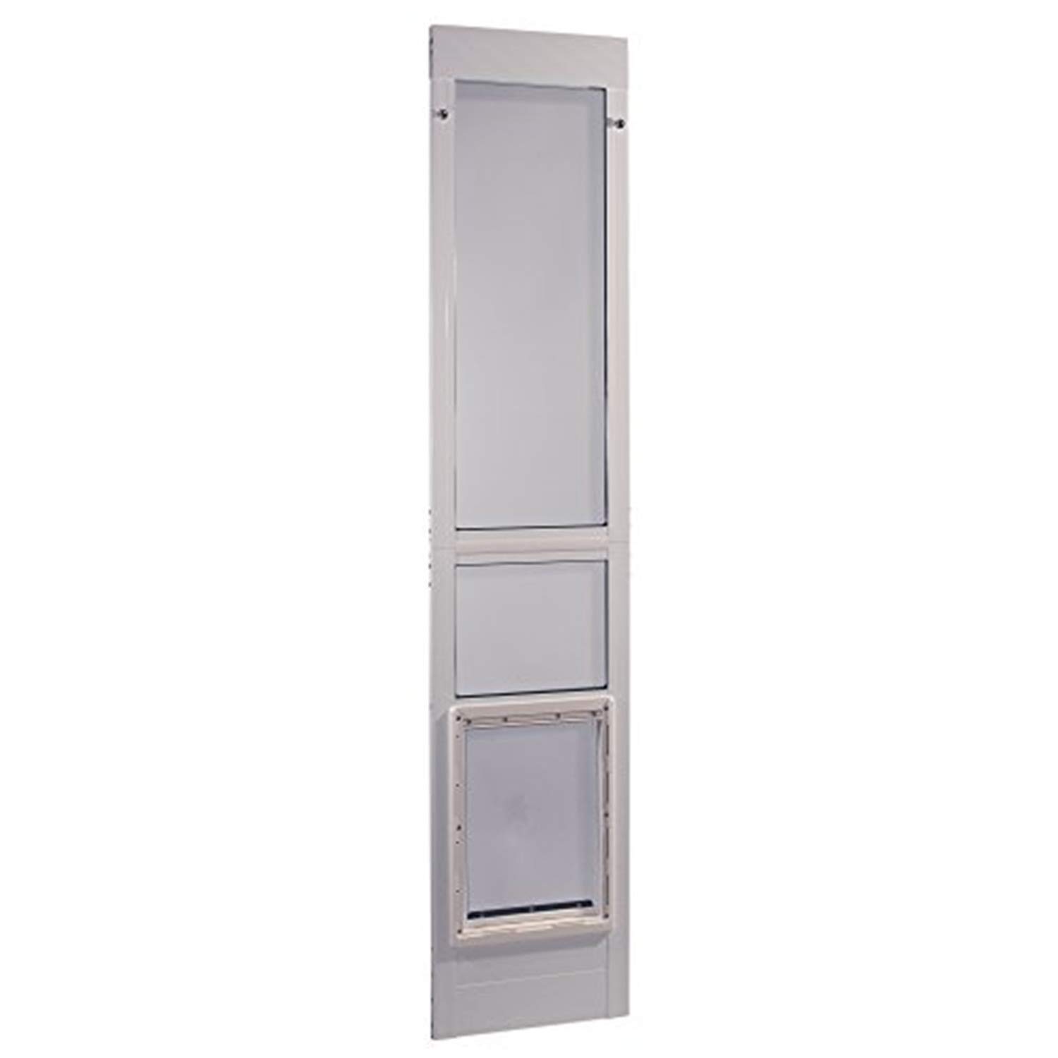 Ideal Pet Products Modular ALUMINUM Pet Patio Door with Single Pane Glass and Clear Flexible Flap. Fits up to 1” Aluminum Patio track width ONLY, Extra Large, White