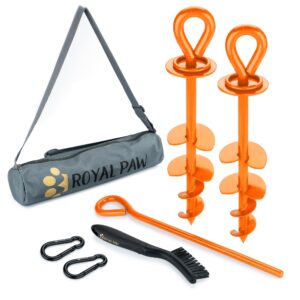 royal paw dog tie out stake - heavy duty dog stake for large dogs up to 210 lbs, dog stakes for outside, dog anchor, and dog gadget | use any dog tie out cable or dog yard leash (o2-orange (2-pack))