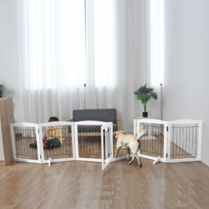 zjsf free standing panel dog gate with door for indoor,doorways,house, hallways,or stairs freestanding foldable gate for dog white wooden puppy gate pet gate 24''h