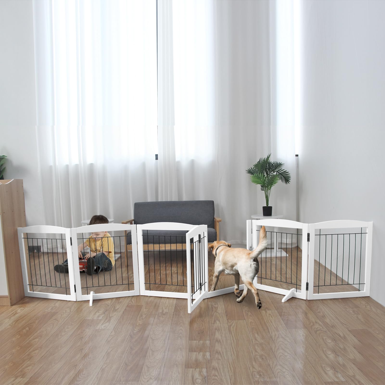 ZJSF Free standing Panel Dog Gate with Door for Indoor,Doorways,House, Hallways,or Stairs Freestanding Foldable Gate for Dog White Wooden Puppy Gate Pet Gate 24''H