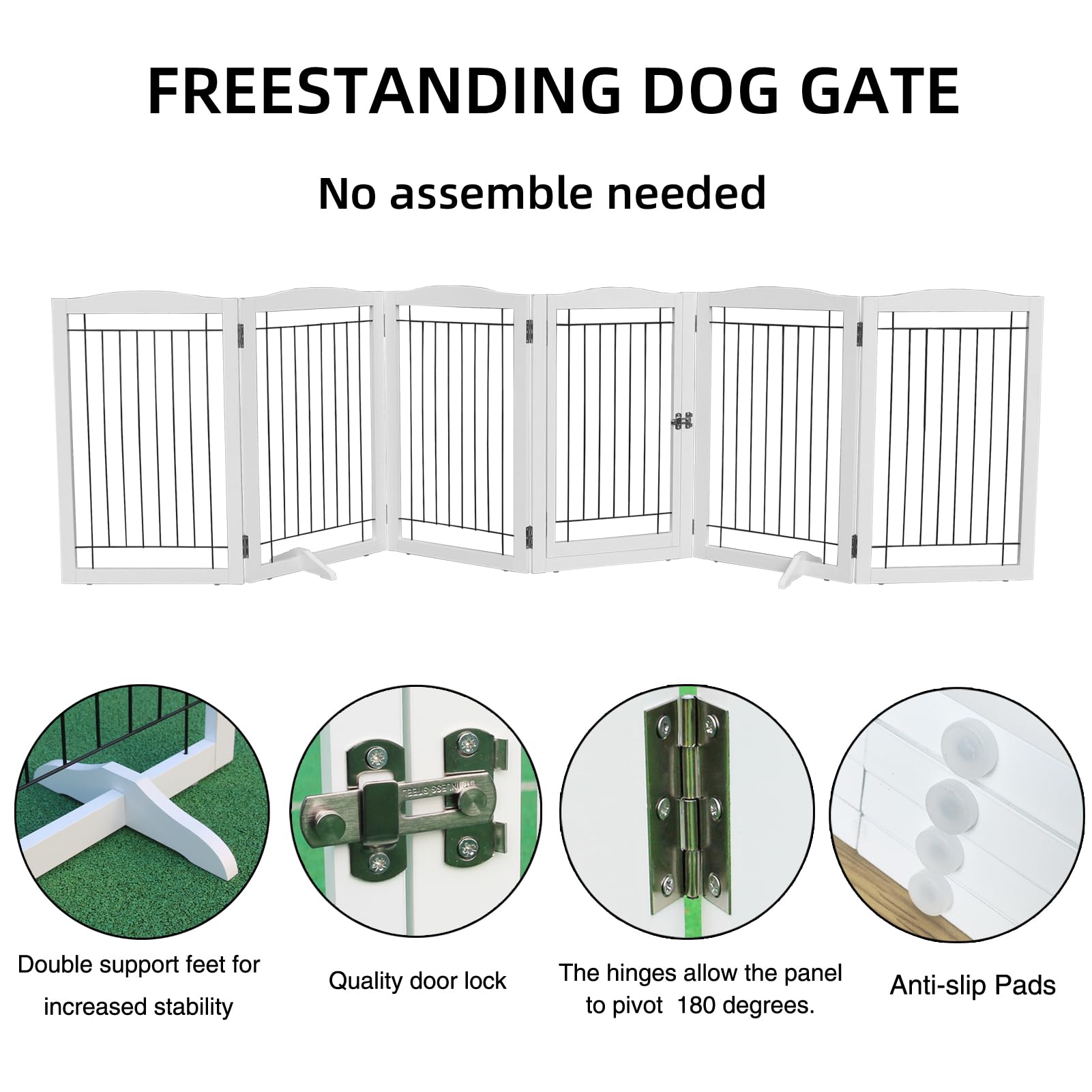 ZJSF Free standing Panel Dog Gate with Door for Indoor,Doorways,House, Hallways,or Stairs Freestanding Foldable Gate for Dog White Wooden Puppy Gate Pet Gate 24''H