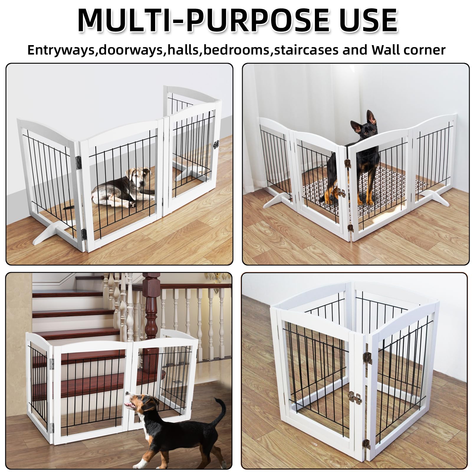 ZJSF Free standing Panel Dog Gate with Door for Indoor,Doorways,House, Hallways,or Stairs Freestanding Foldable Gate for Dog White Wooden Puppy Gate Pet Gate 24''H