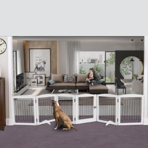 ZJSF Free standing Panel Dog Gate with Door for Indoor,Doorways,House, Hallways,or Stairs Freestanding Foldable Gate for Dog White Wooden Puppy Gate Pet Gate 24''H