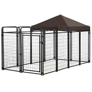 pawhut dog kennel outdoor with waterproof canopy, dog run with galvanized chain link, secure lock, for backyard and patio, large and medium sized dogs, 9.3' x 4.6' x 5.2'