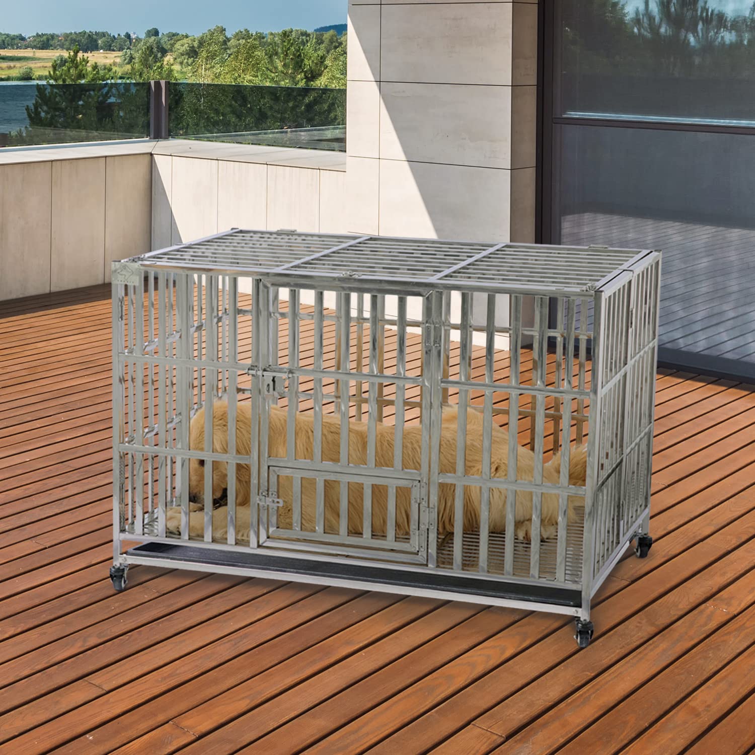 RyBuy 48" Stackable Heavy Duty Dog Crate Pet Stainless Steel Kennel Cage for Large Dogs with Tray in-Door Foldable & Portable for Animal Out-Door Travel