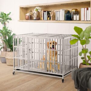 RyBuy 48" Stackable Heavy Duty Dog Crate Pet Stainless Steel Kennel Cage for Large Dogs with Tray in-Door Foldable & Portable for Animal Out-Door Travel