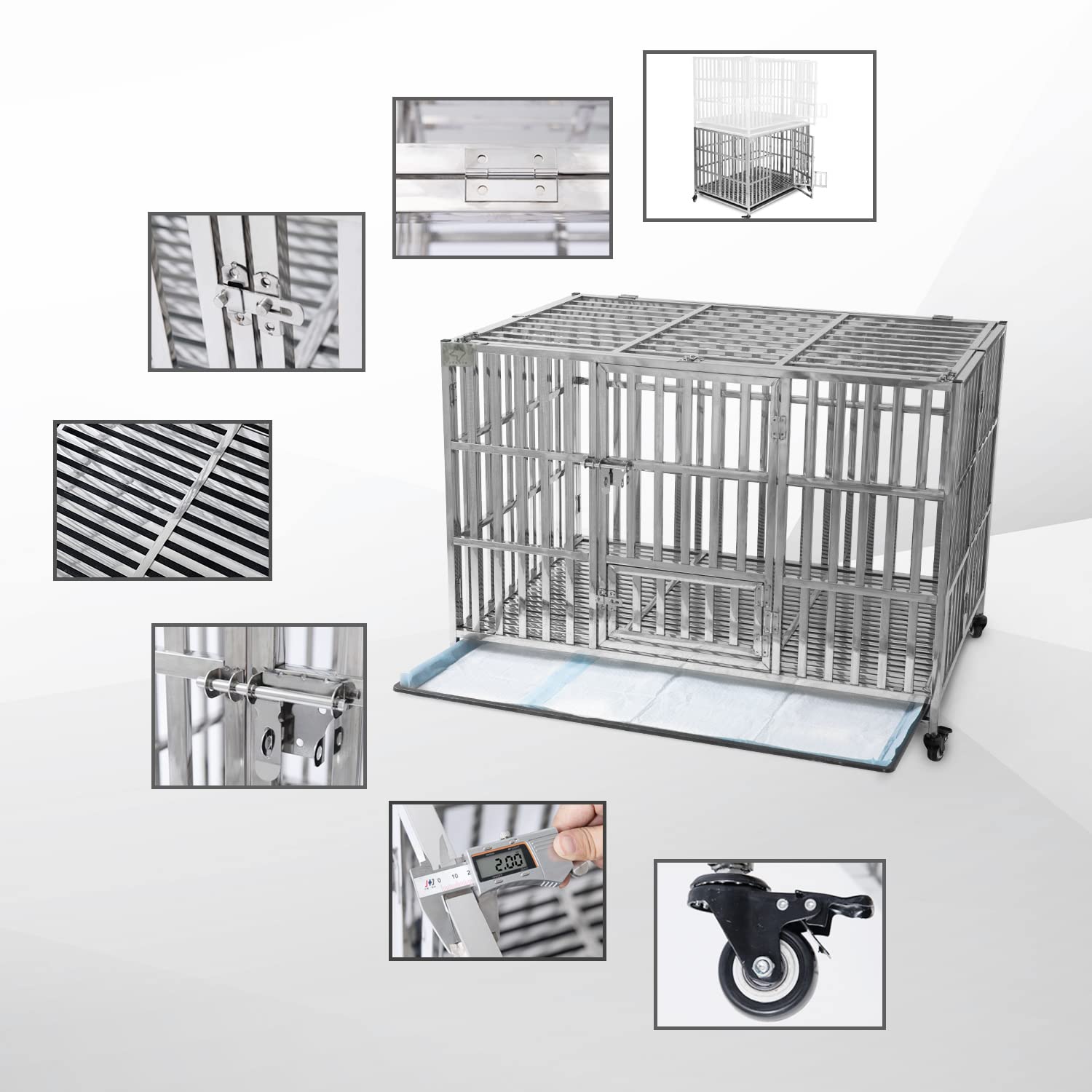 RyBuy 48" Stackable Heavy Duty Dog Crate Pet Stainless Steel Kennel Cage for Large Dogs with Tray in-Door Foldable & Portable for Animal Out-Door Travel