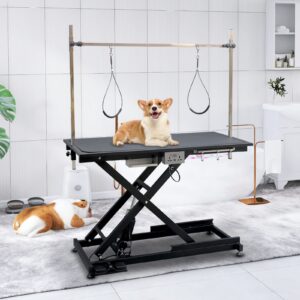 soarflash 49.6” electric lift pet dog grooming table,heavy duty electric grooming table for dogs&cats,heavy duty height adjustable with overhead arm, clamps, two grooming noose