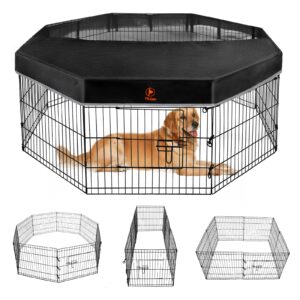 pjyucien dog playpen - metal foldable dog exercise pen, pet fence puppy crate kennel indoor outdoor with 8 panels 24”h & top cover for small medium pets