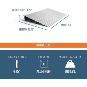 EZ-ACCESS TRANSITIONS 4 Inch Portable Self Supporting Aluminum Modular Entry Threshold Ramp Ideal for Doorways and Raised Landings