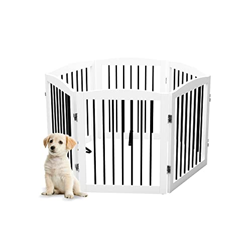 PUPETPO Freestanding Pet Gate for Dogs, Foldable Wooden Dog Gate for House, Extra Wide Dog gate, Indoor Dog Gate for Stair, Doorway, Hall, Support Feet Included, 120 Inch Wide, 6 Panels 24", White