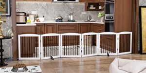 pupetpo freestanding pet gate for dogs, foldable wooden dog gate for house, extra wide dog gate, indoor dog gate for stair, doorway, hall, support feet included, 120 inch wide, 6 panels 24", white