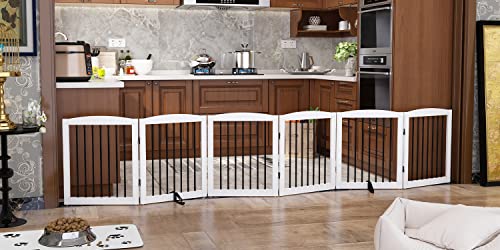 PUPETPO Freestanding Pet Gate for Dogs, Foldable Wooden Dog Gate for House, Extra Wide Dog gate, Indoor Dog Gate for Stair, Doorway, Hall, Support Feet Included, 120 Inch Wide, 6 Panels 24", White