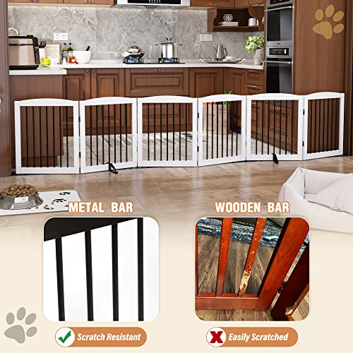 PUPETPO Freestanding Pet Gate for Dogs, Foldable Wooden Dog Gate for House, Extra Wide Dog gate, Indoor Dog Gate for Stair, Doorway, Hall, Support Feet Included, 120 Inch Wide, 6 Panels 24", White