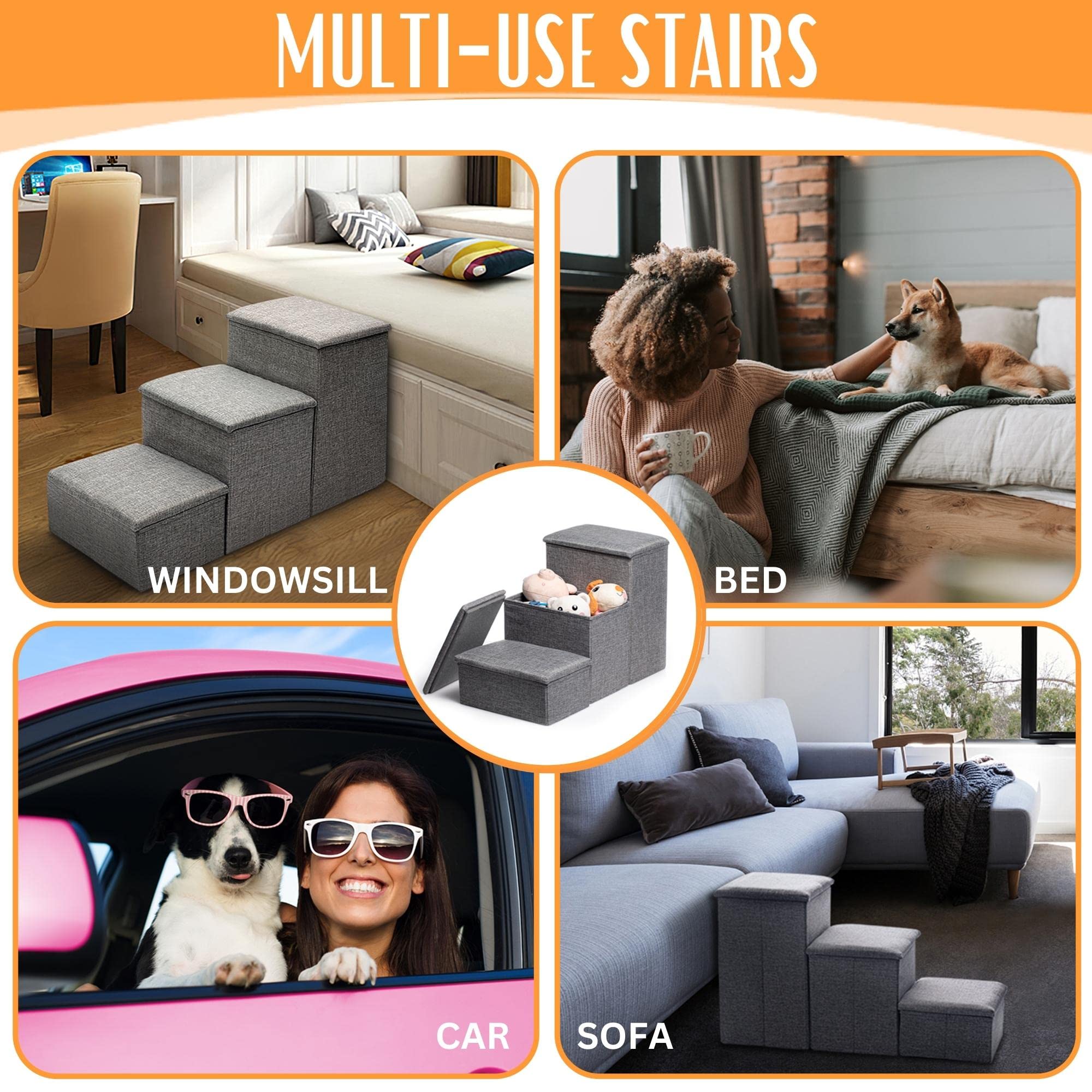 Dog Stairs for High Beds or Couch- Foldable Dog Steps W/Storage- Pet Steps for Small Dogs, Medium Dogs, Puppy Stairs- Use as a Dog Window Perch or Cat Stairs for Old Cats- Dog Grooming Glove Included