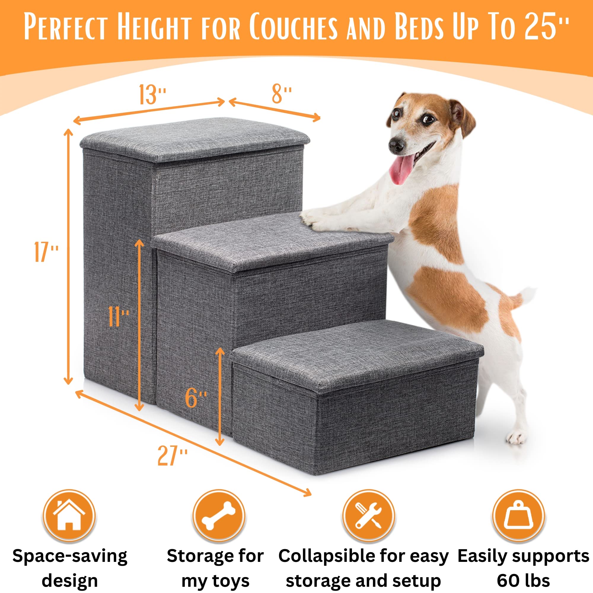 Dog Stairs for High Beds or Couch- Foldable Dog Steps W/Storage- Pet Steps for Small Dogs, Medium Dogs, Puppy Stairs- Use as a Dog Window Perch or Cat Stairs for Old Cats- Dog Grooming Glove Included