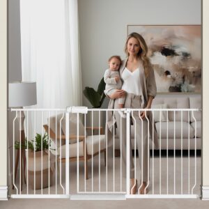 extra wide baby gate with door, 57.4-62.2 inch walk through large long child gates for stair doorway - indoor outdoor safty gate for toddler pet dog doggie white