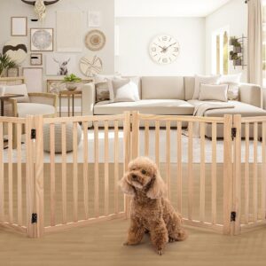 YOCAN Wooden Freestanding Dog Gates for The House,Dog Gates for Doorways, Stairs,Wood Dog Fences Indoor Pet Gate,Step Over Fence-4 Panel 24”