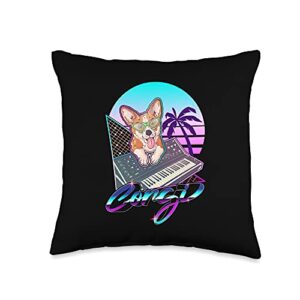 synthwave keyboard music producer synthesizer vaporwave corgi dog modular analog synth throw pillow, 16x16, multicolor