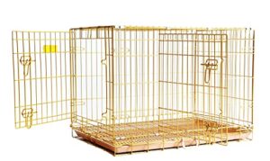 homey pet gold dog crate 36 inch, portable folding metal wire dog kennel pet dog cage with removable floor grid, pull out leak-proof pan, double doors, handle for medium dogs, indoor outdoor travel