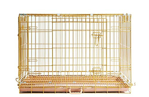 HOMEY PET Gold Dog Crate 36 Inch, Portable Folding Metal Wire Dog Kennel Pet Dog Cage with Removable Floor Grid, Pull Out Leak-Proof Pan, Double Doors, Handle for Medium Dogs, Indoor Outdoor Travel