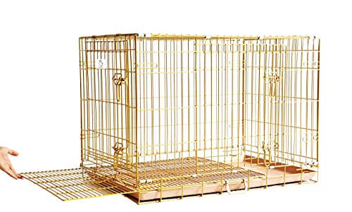 HOMEY PET Gold Dog Crate 36 Inch, Portable Folding Metal Wire Dog Kennel Pet Dog Cage with Removable Floor Grid, Pull Out Leak-Proof Pan, Double Doors, Handle for Medium Dogs, Indoor Outdoor Travel