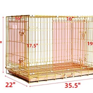 HOMEY PET Gold Dog Crate 36 Inch, Portable Folding Metal Wire Dog Kennel Pet Dog Cage with Removable Floor Grid, Pull Out Leak-Proof Pan, Double Doors, Handle for Medium Dogs, Indoor Outdoor Travel