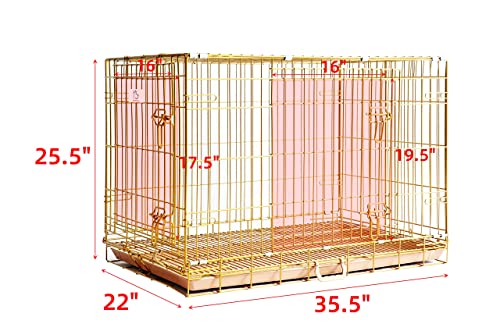 HOMEY PET Gold Dog Crate 36 Inch, Portable Folding Metal Wire Dog Kennel Pet Dog Cage with Removable Floor Grid, Pull Out Leak-Proof Pan, Double Doors, Handle for Medium Dogs, Indoor Outdoor Travel