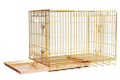 HOMEY PET Gold Dog Crate 36 Inch, Portable Folding Metal Wire Dog Kennel Pet Dog Cage with Removable Floor Grid, Pull Out Leak-Proof Pan, Double Doors, Handle for Medium Dogs, Indoor Outdoor Travel