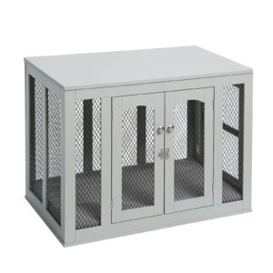 idee furniture style dog house dog crate with double doors, cushion and tray, wooden end table indoor pet bed for large dogs (large, gray)