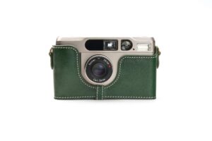 contax t2 case, bolinus handmade genuine real leather half camera case bag cover for contax t2 camera with hand strap (green)