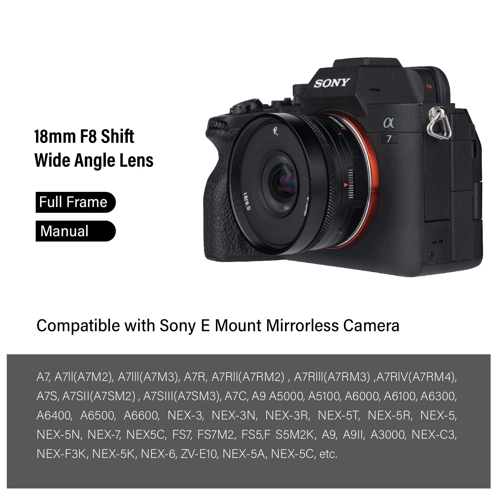 AstrHori 18mm F8 Full Frame Wide Angle Lens & Shift Lens Manual Prime Architecture Landscape Lens for Sony E Mount Mirrorless Camera A5000,A6000,A6500,A6600,NEX-3,NEX-5,NEX-7,A7,A9,NEX-6,etc.