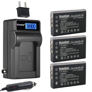 kastar 3-pack fnp-120 battery and lcd ac charger compatible with fujifilm np-120, np-120b, fnp120, toshiba np-120, px1657, pentax d-li7, ricoh db-43, contax bp-1500s, kyocer bp-1500s battery