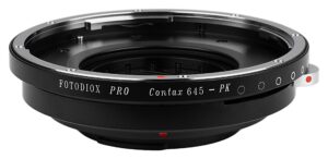 fotodiox pro lens mount adapter with built-in aperture control iris, for contax 645 lens to pentax k-mount (pk) dslr cameras