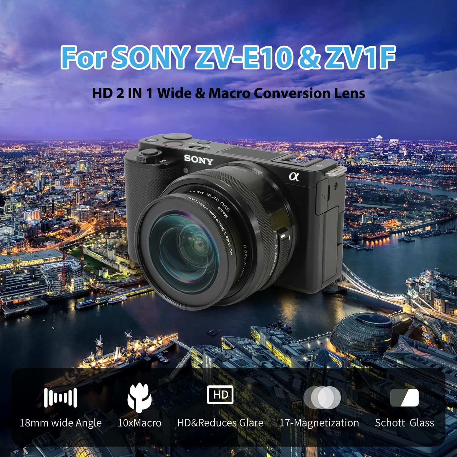 Iboolo&EooEye 2 in 1 18mm HD Wide Angle/10x Macro Additional Lens,40.5mm HD Wide Angle Lens Compatible with Sony ZV1F,Sony APSC ZV-E10 and A5000/6000 Series Cameras