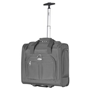 olympia lansing heavy duty rip stop nylon wheeled carry on suitcase for under the seat airplane travel with divider and dual side zip pockets, gray