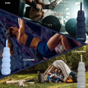 OLYMPIA WS collapsible water bottles 18oz silicone foldable leakproof BPA free for sports gym cycling climbing camping hiking traveling essentials carabiner lightweight portable (Navy Blue)