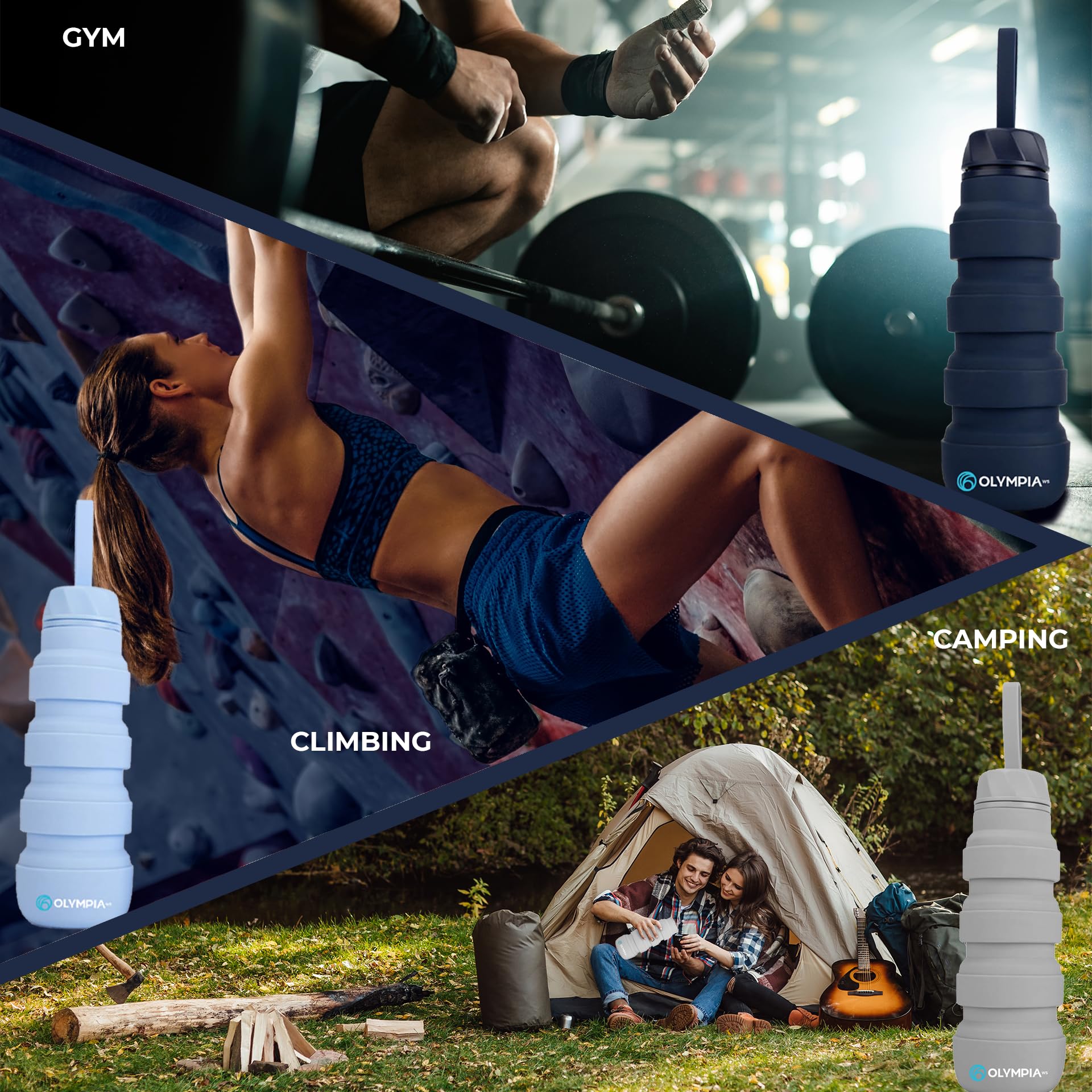 OLYMPIA WS collapsible water bottles 18oz silicone foldable leakproof BPA free for sports gym cycling climbing camping hiking traveling essentials carabiner lightweight portable (Navy Blue)