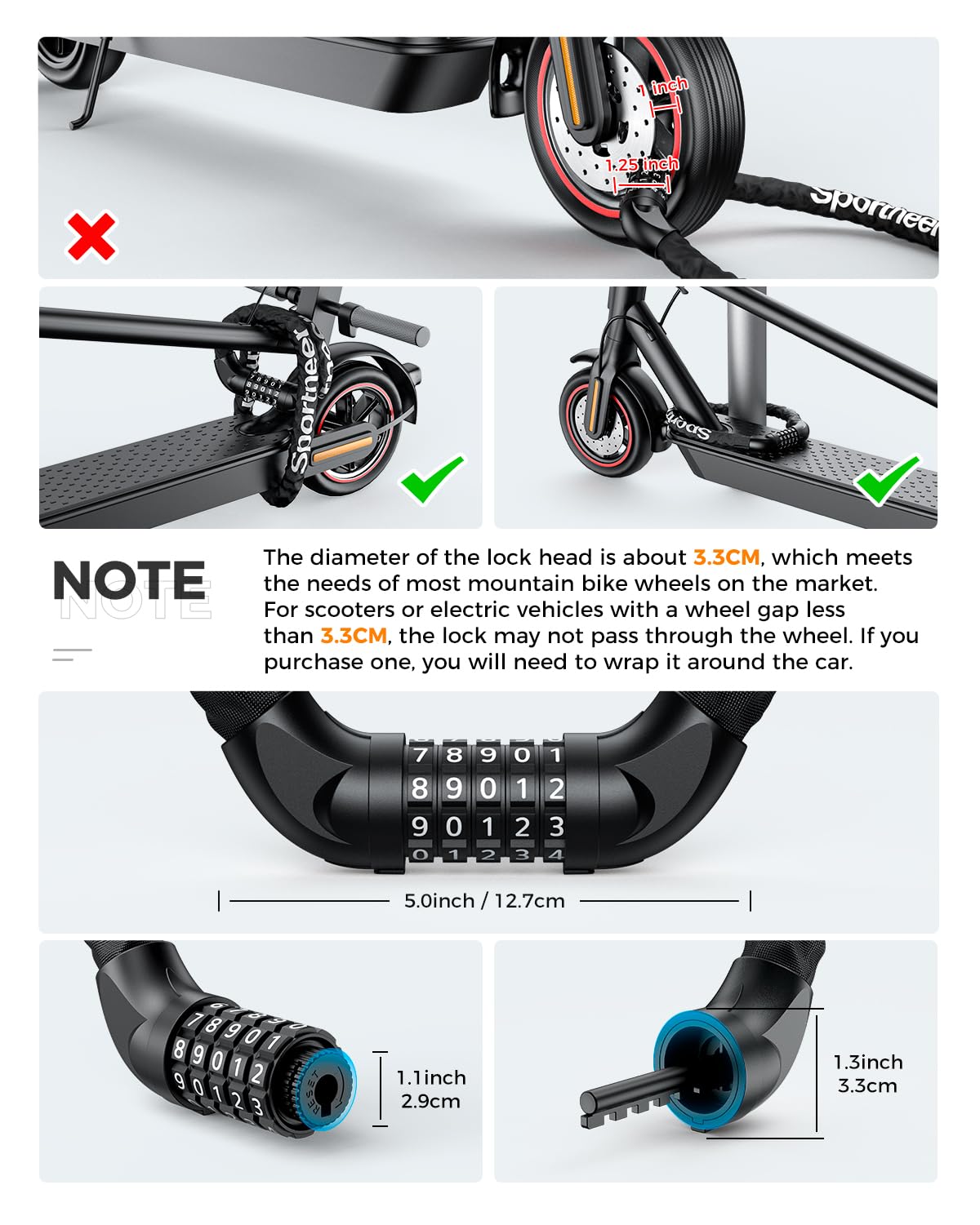 Sportneer Bike Chain Lock Heavy Duty, Bicycle Lock with 5 Digit Combination Heavy Duty Anti Theft Keyless Security Bike Locks for Bicycle, Electric Bike, Scooter, Motorcycle, Door, Gate and Fence