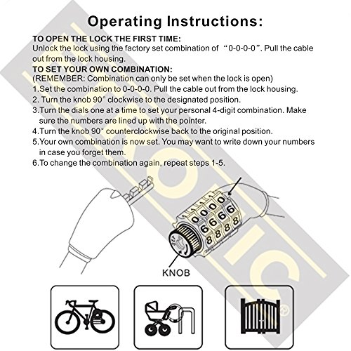 ETRONIC M6 Resettable Combination Lock Bike Cable, 6-Feet x 3/8-Inch, Black