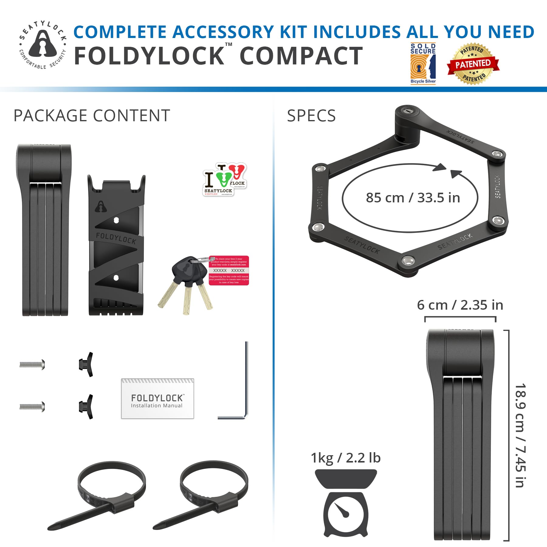 FoldyLock Compact Folding Bike Lock - Award Winning Patented Lightweight High Security Bicycle Lock - Heavy Duty Anti Theft Smart Secure Guard with Key and Case for Bikes or Scooter - 85 cm