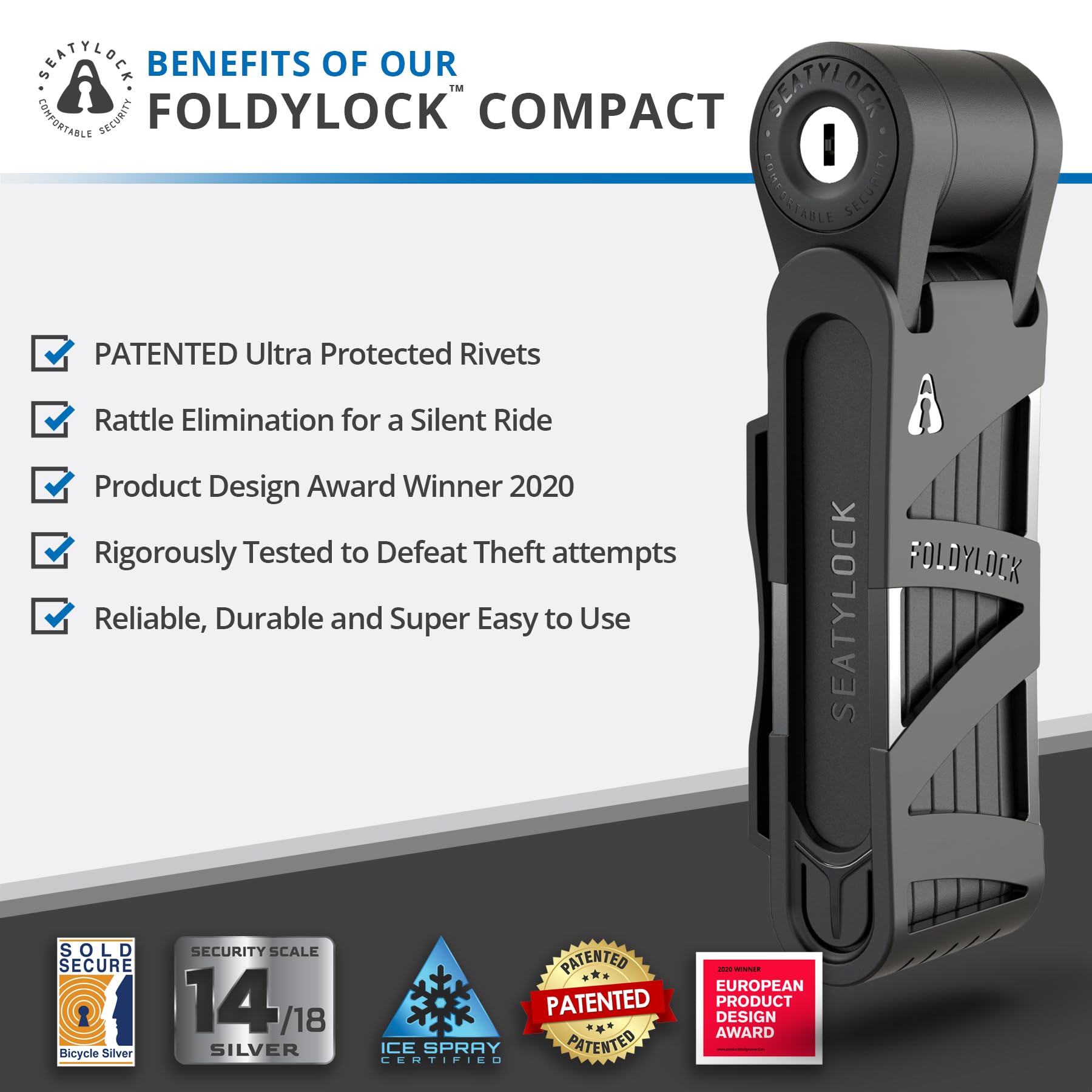 FoldyLock Compact Folding Bike Lock - Award Winning Patented Lightweight High Security Bicycle Lock - Heavy Duty Anti Theft Smart Secure Guard with Key and Case for Bikes or Scooter - 85 cm