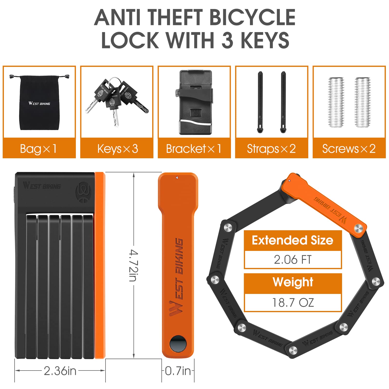 ANGGOER Compact Folding Bike Lock with 3 Keys, 2.06 Ft Anti Theft Security Bicycle Locks, Super Strong Bicycle Security Chain Lock with Bracket for Electric Bikes/Scooters