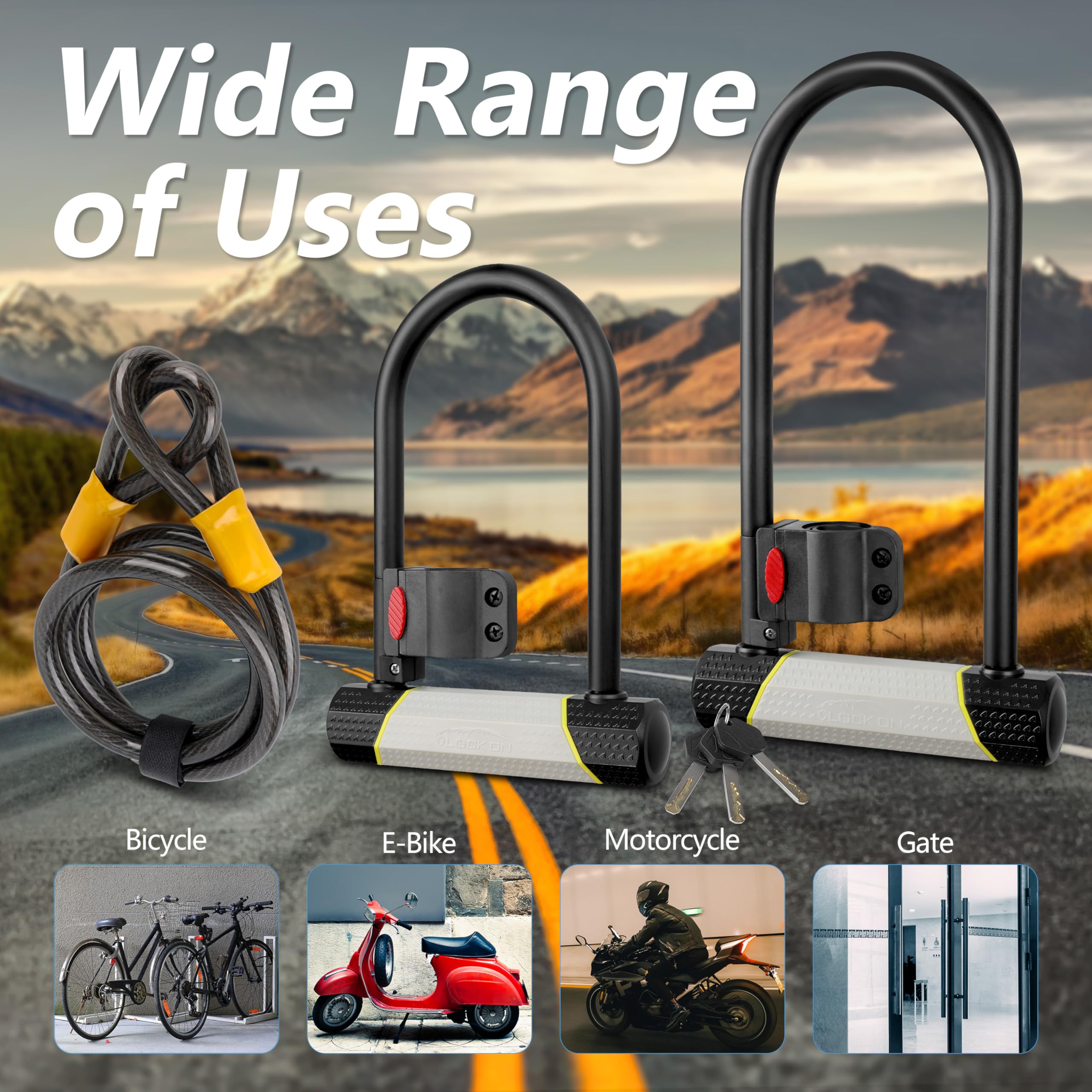 SUNYA Bike Lock Heavy Duty Anti Theft, Bicycle Lock with 3 Keys High Security, Bike U Lock 180x320mm + 4.9 Foot Cable. Fit for Road Mountain Folding Scooter Motor Bike