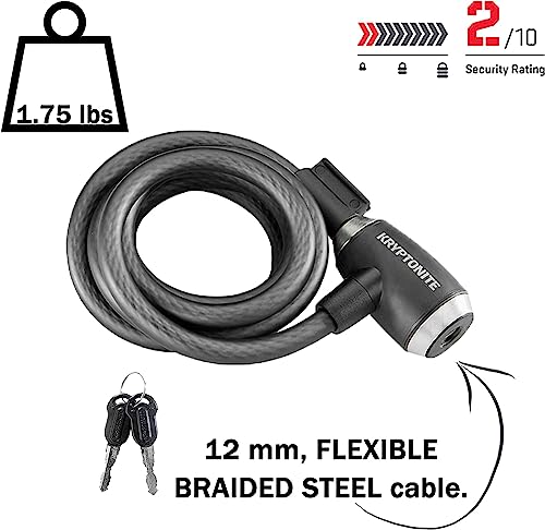 Kryptonite KryptoFlex Bike Lock Cable, 2FT/6FT/10FT Long 12mm Thick Heavy Duty Braided Steel Cable Anti-Theft Security Lock for Outdoor Equipment, Combination/Key Bike Lock, Black