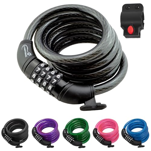 Lumintrail Bike Lock, Combination Lock - 4ft Heavy Duty Anti Theft Bike Cable Lock with Mounting Bracket (Black, 1 Pack)