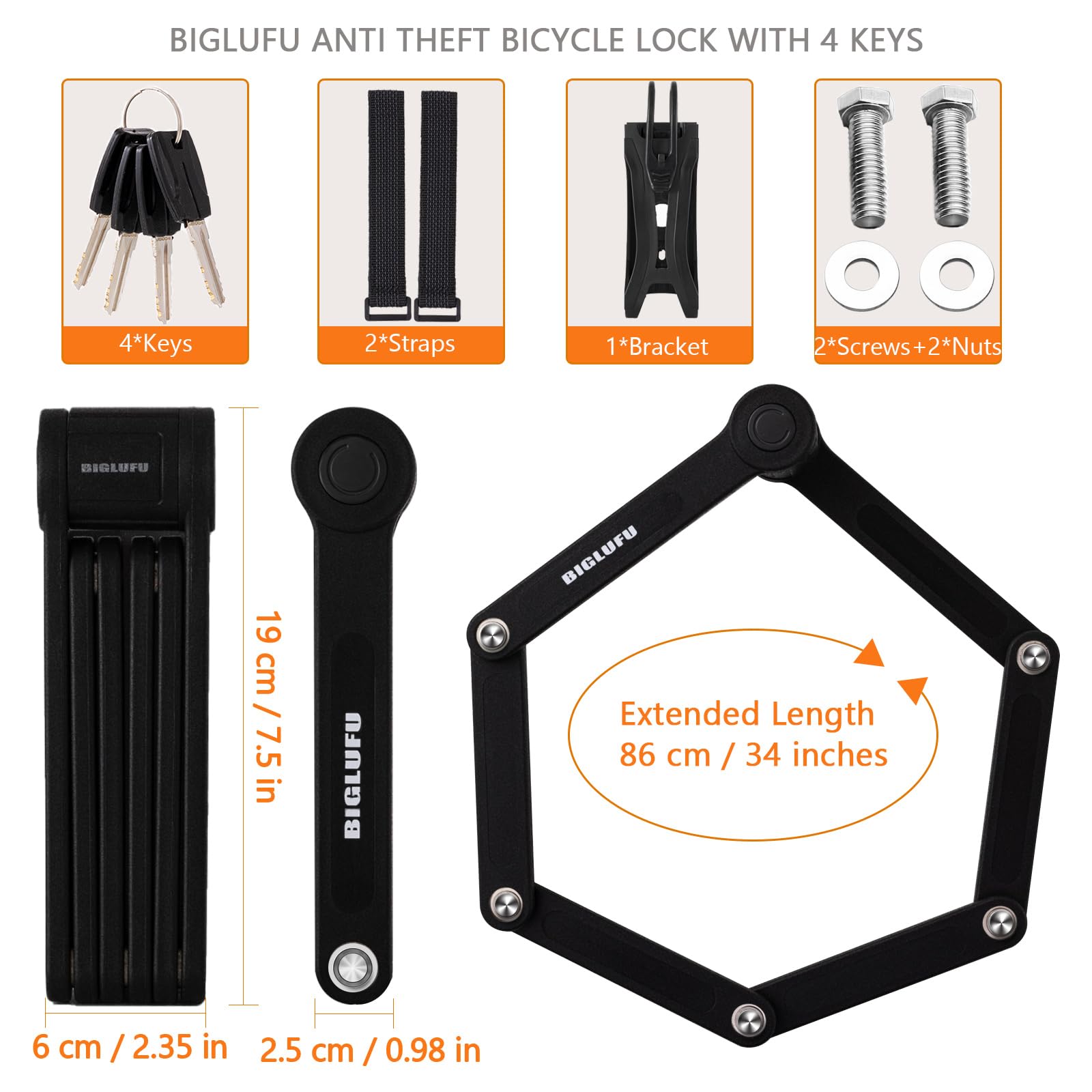 BIGLUFU Bike Lock Bicycle Scooter Motorcycle Folding Locks with 4Keys, Fold Chain Heavy Duty Alloy Steel Foldable Lock with Mounting Bracket 2pc Straps, 86cm/34 Unfolding, 1.92 lbs